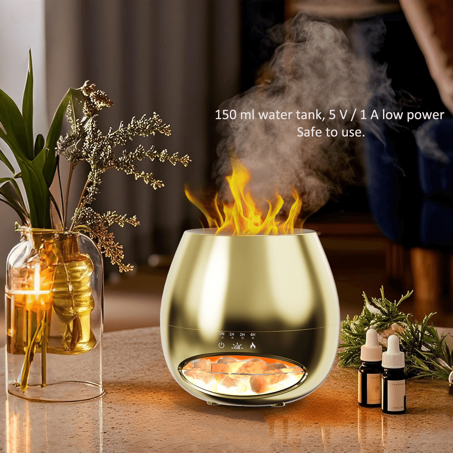 Gold Color Salt Stone Flame Aroma Diffuser Ultrasonic Air Cool Mist ...