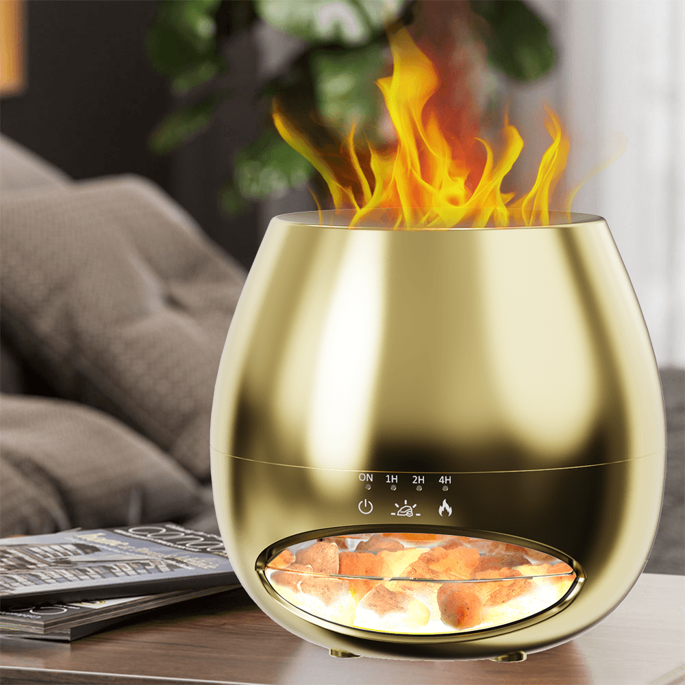 Gold Color Salt Stone Flame Aroma Diffuser Ultrasonic Air Cool Mist ...
